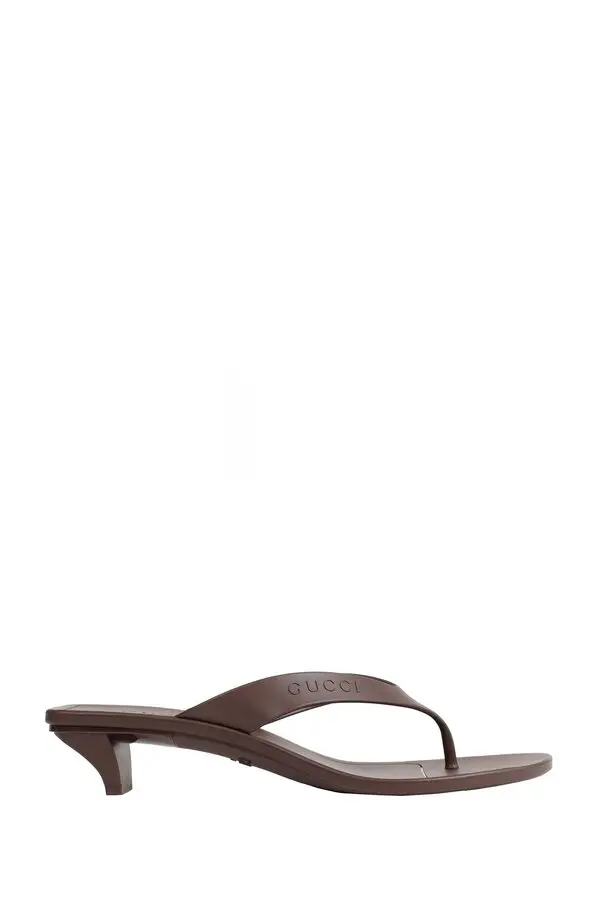 Gucci Rubber Thong Sandals With Kitten Heel - Brown
