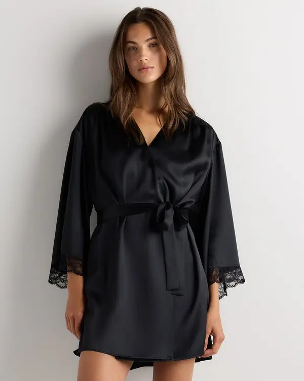 Quince Satin Lace Trim Robe - Black