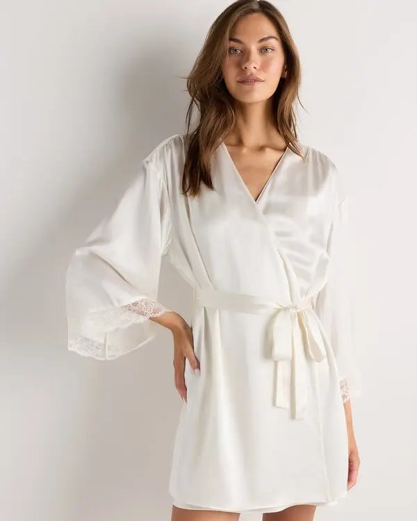 Quince Satin Lace Trim Robe - Ivory