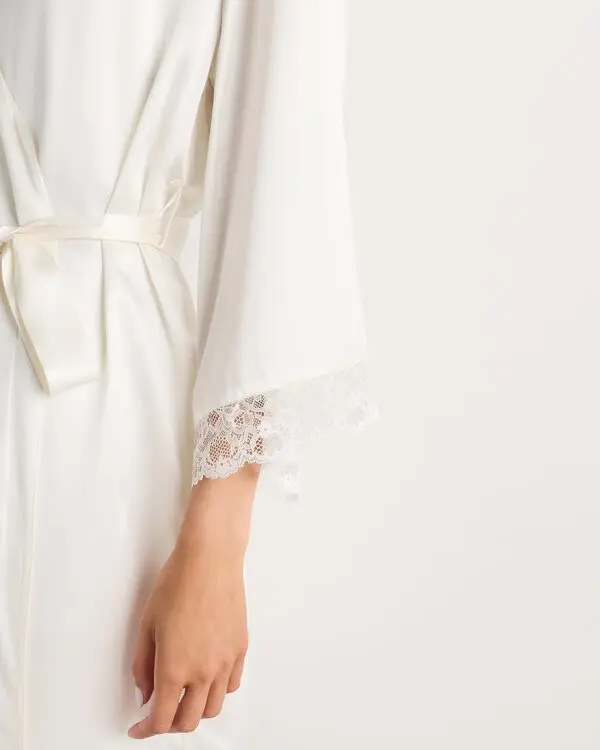 Quince Satin Lace Trim Robe - Ivory