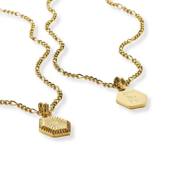 HOOPS + CHAINS LDN Hexagonal Engraved Pendant Necklace - Gold