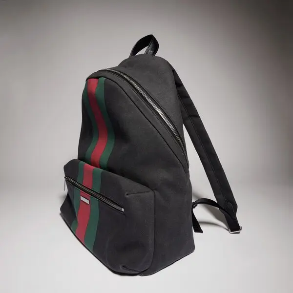 Gucci Large Backpack In Washed Canvas With Web Detail - Black