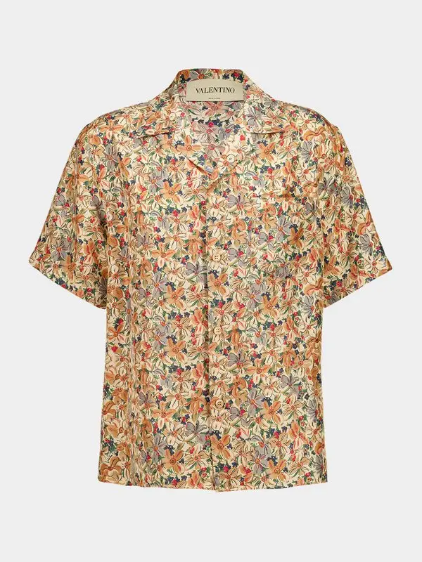Valentino Garavani Beige Bowling Shirt In Silk With Papier Floral Print - Multicolour