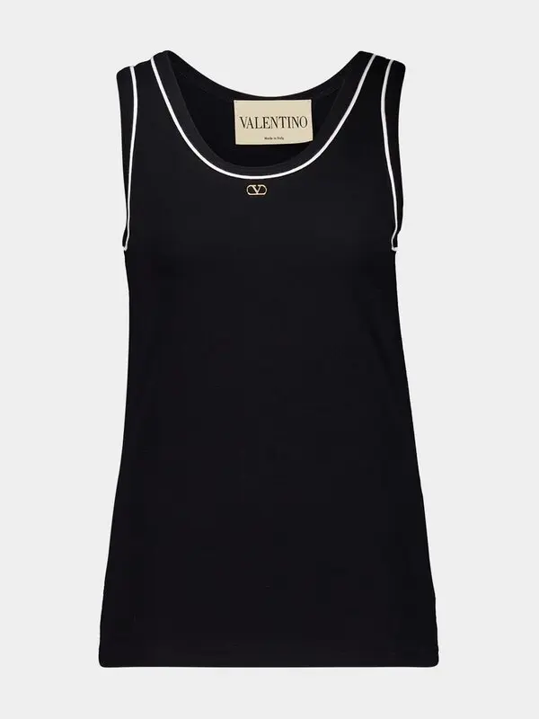 Valentino Garavani Sleeveless Cotton Jersey Top With Contrasting Edges And Vlogo Detail - Black