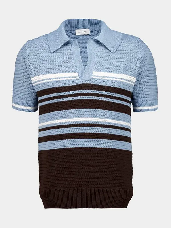 FERRAGAMO Washed Denim And Espresso Cotton Knit Polo Shirt - Blue