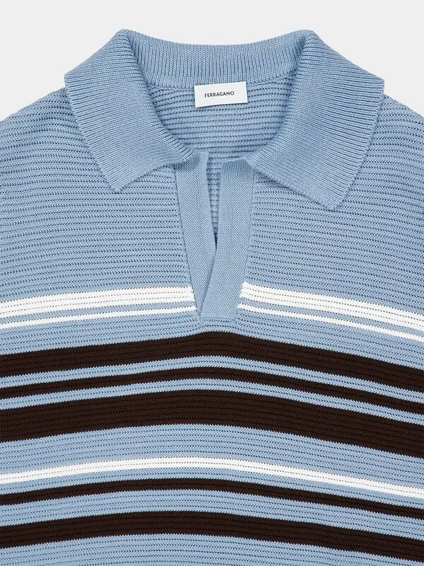 FERRAGAMO Washed Denim And Espresso Cotton Knit Polo Shirt