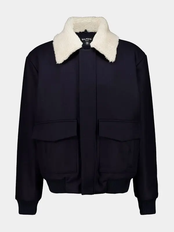 Balmain Wool Bomber Jacket With Shearling Collar - Blue