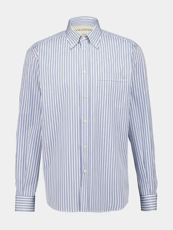 Valentino Garavani Ivory And Cotton Poplin Shirt With Vgold Stripes - Blue
