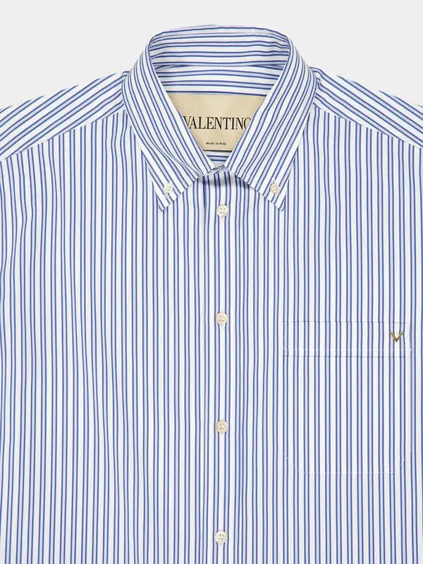 Valentino Garavani Ivory And Cotton Poplin Shirt With Vgold Stripes - Blue