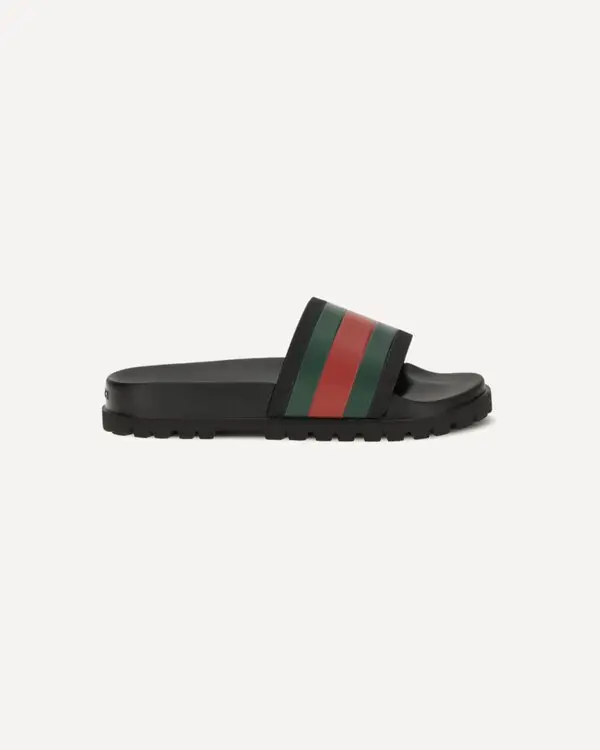 Gucci Rubber Slides With Green And Red Web Detail - Black