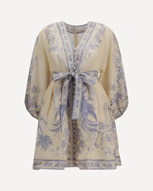 Zimmermann Indra Plunge Mini Dress With Printed Pattern And Puff Sleeves - Multicolour