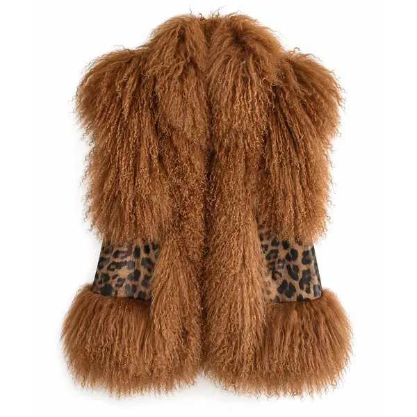 SHADED THE LABEL Mongolian Fur And Leopard Print Leather Gilet - Black/brown