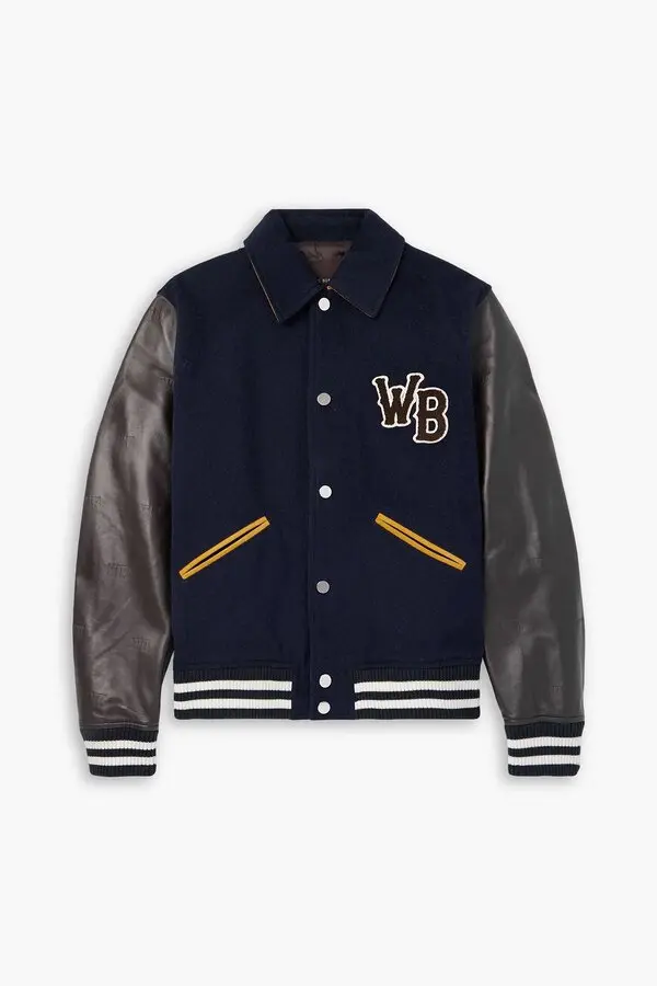 WALES BONNER Logo-appliquéd Leather And Brushed Wool-blend Varsity Jacket - Navy