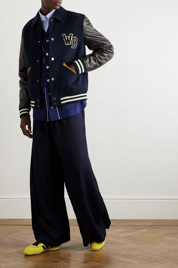 WALES BONNER Logo-appliquéd Leather And Brushed Wool-blend Varsity Jacket