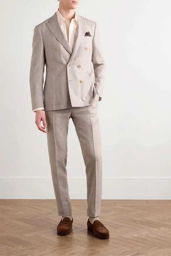 Canali Kei Unstructured Doublebreasted Wool, Silk And Linenblend Blazer - Stone