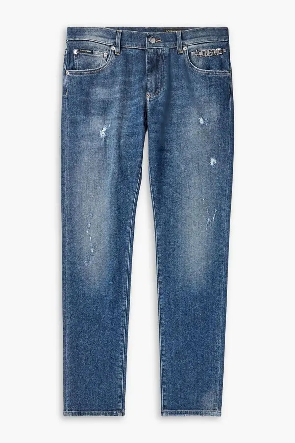 Dolce & Gabbana Slimfit Straightleg Embellished Distressed Jeans - Mid Denim