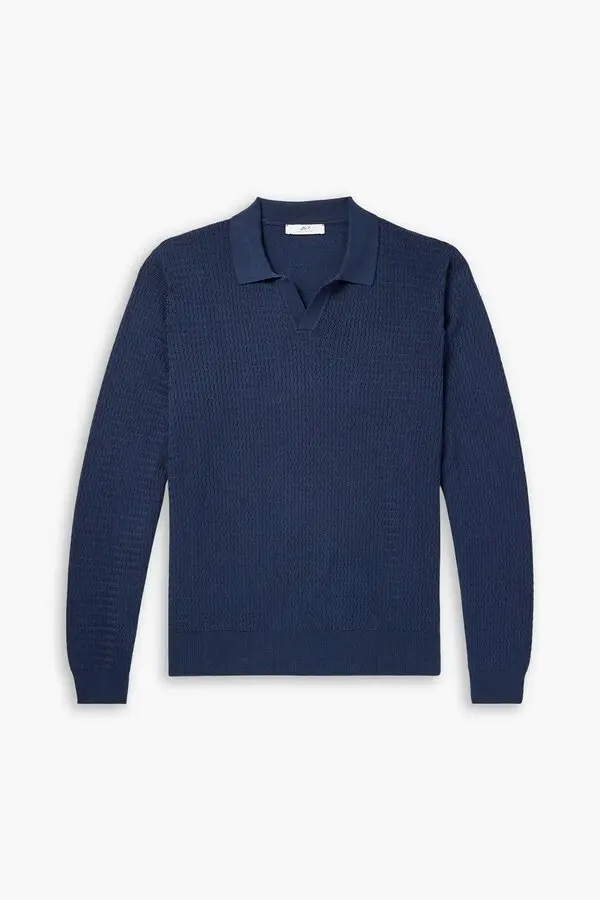 Mr P. Textured Cotton And Silkblend Polo Shirt - Navy