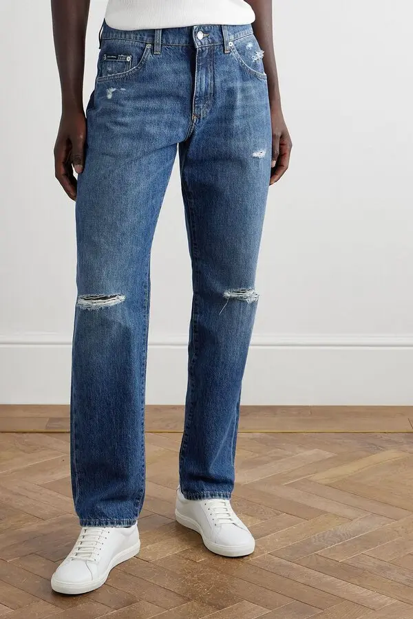 Dolce & Gabbana Distressed Logo-appliquéd Straight-leg Jeans