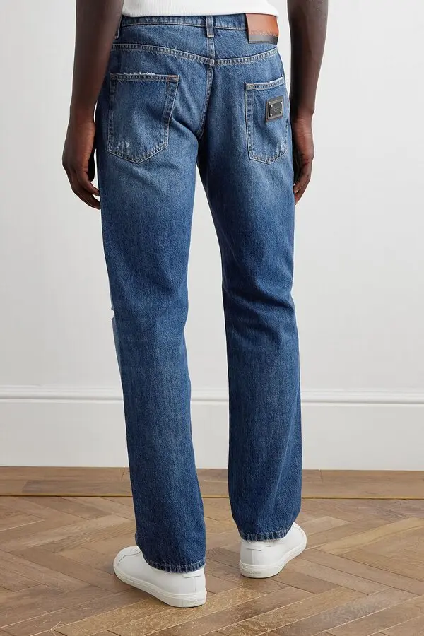 Dolce & Gabbana Distressed Logo-appliquéd Straight-leg Jeans