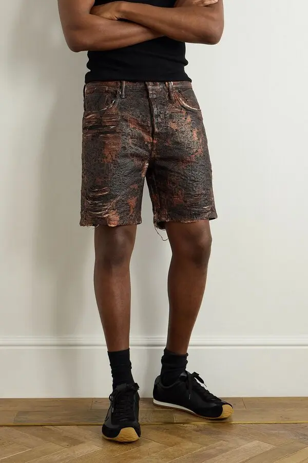 Acne Studios Roman Slim Fit Straight Leg Distressed Coated Denim Shorts
