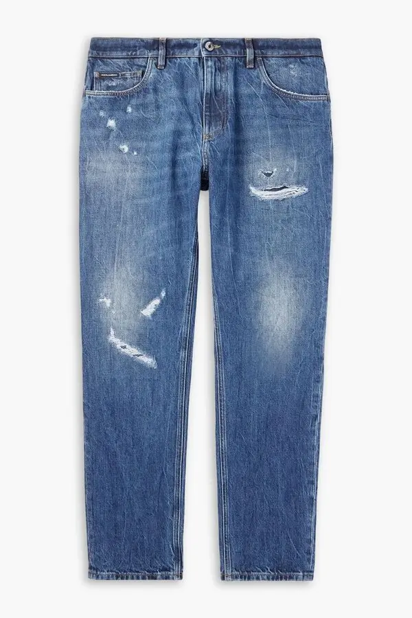 Dolce & Gabbana Slim Fit Tapered Logo-embroidered Distressed Denim Jeans - Dark Denim