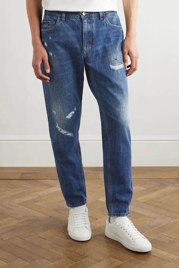 Dolce & Gabbana Slim Fit Tapered Logo-embroidered Distressed Denim Jeans