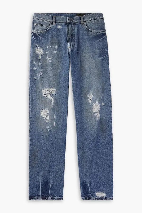Dolce & Gabbana Straight Fit Logo Appliqué Distressed Denim Jeans - Mid Denim