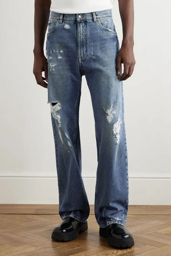 Dolce & Gabbana Straight Fit Logo Appliqué Distressed Denim Jeans