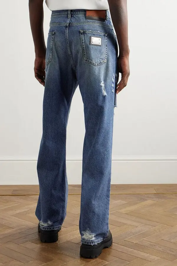 Dolce & Gabbana Straight Fit Logo Appliqué Distressed Denim Jeans