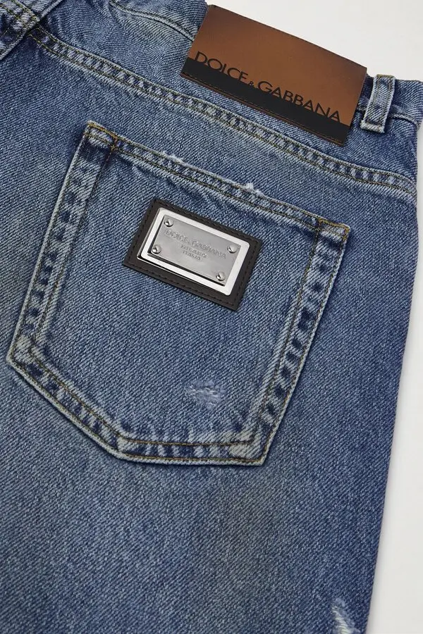 Dolce & Gabbana Straight Fit Logo Appliqué Distressed Denim Jeans