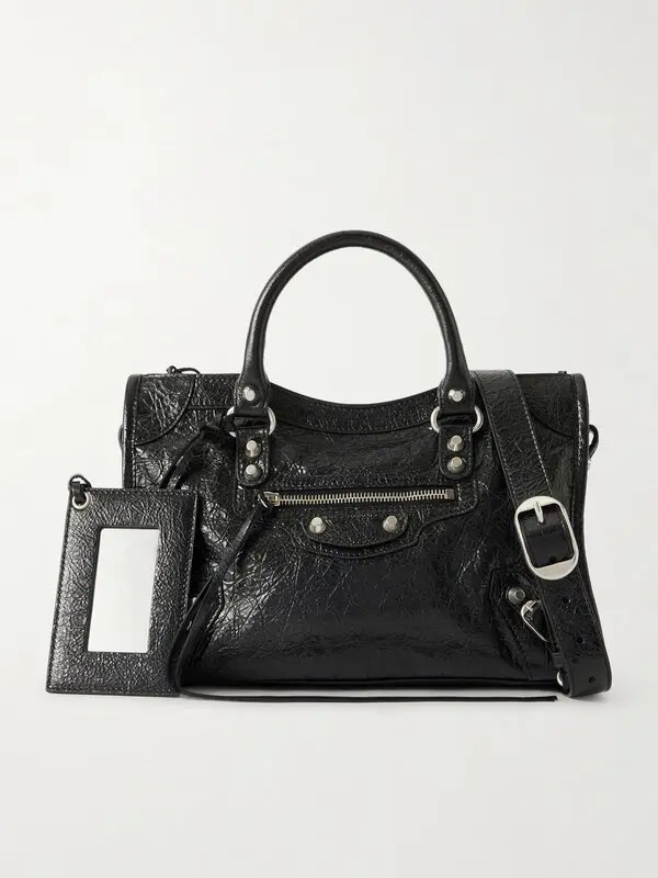 Balenciaga Le City Crinkled Glossed-leather Shoulder Bag - Black
