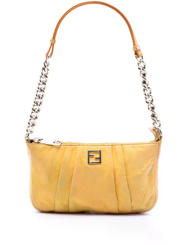 Fendi Pleated Nubuck Ff Chain Pochette Shoulder Bag - Yellow