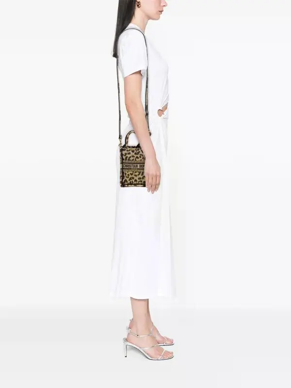 Dior Mizza Mini Embroidered Canvas Leopard Vertical Book Tote Satchel - Neutrals