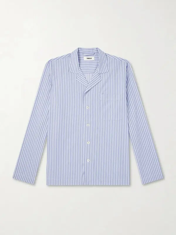 TEKLA Camp-collar Striped Organic Cotton Pyjama Shirt - Blue