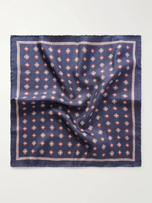 Brunello Cucinelli Printed Silk Pocket Square - Blue