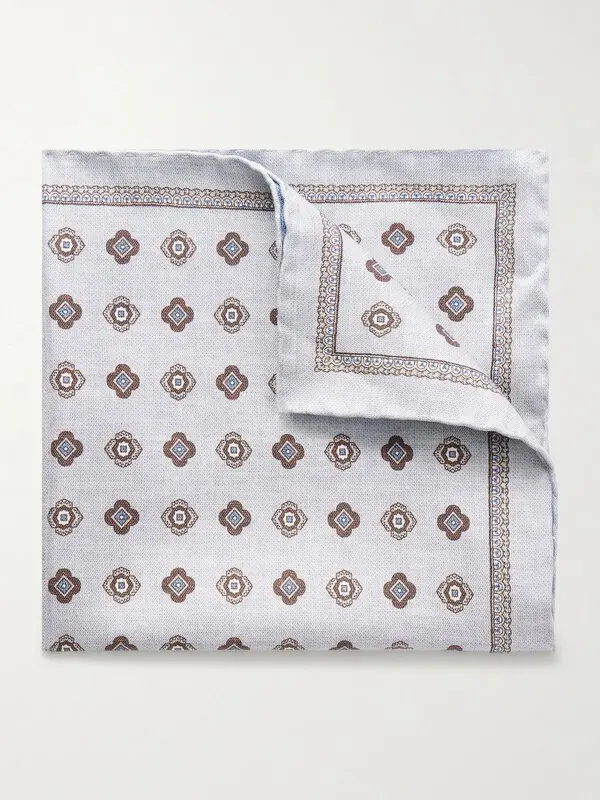 Brunello Cucinelli Printed Silk Pocket Square - Gray