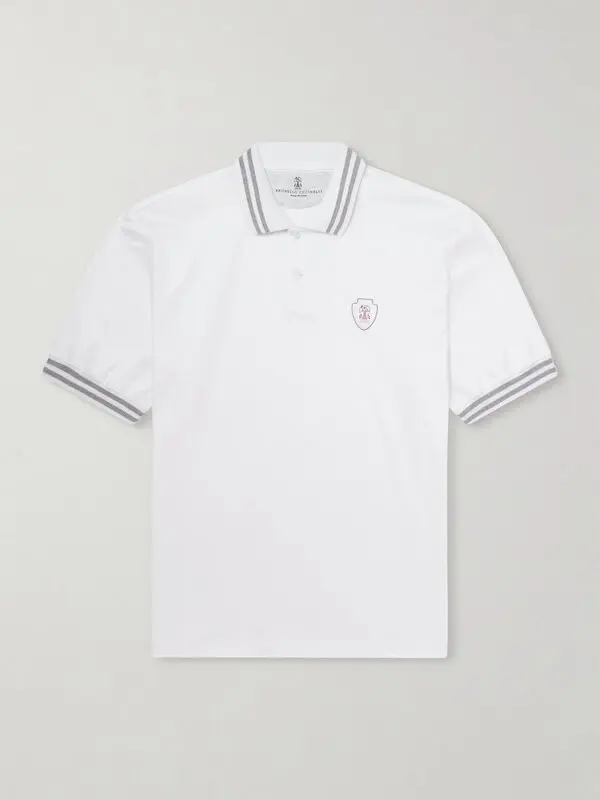 Brunello Cucinelli Logo-appliquéd Striped Cotton-jersey Polo Shirt - White