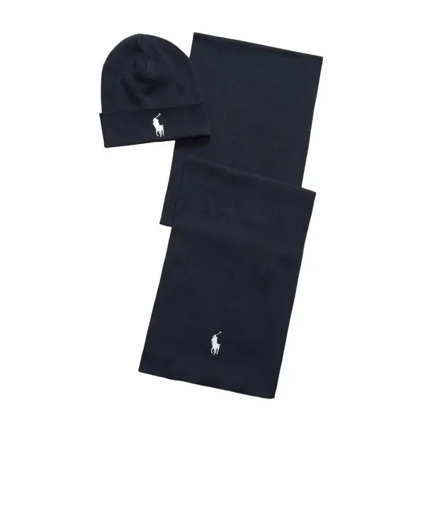 Polo Ralph Lauren Knit Hat And Scarf Set With Logo Embroidery - Navy
