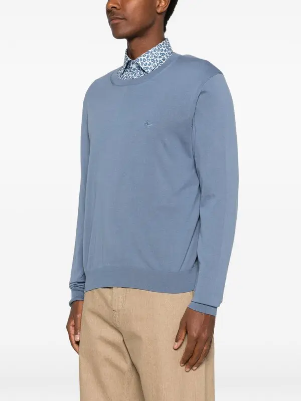Etro Crew Neck Knitted Sweater With Embroidered Pegaso Motif - Blue