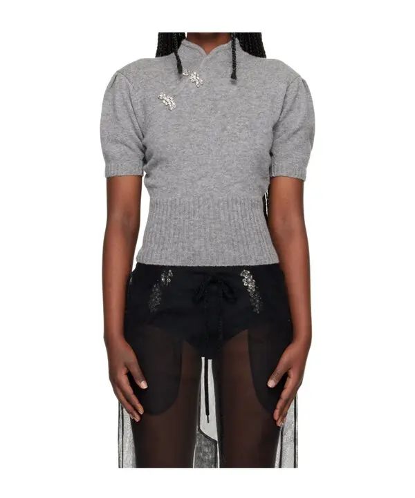Simone Rocha Short-sleeved Cashmere Sweater With Crystal Embellishments - Gray