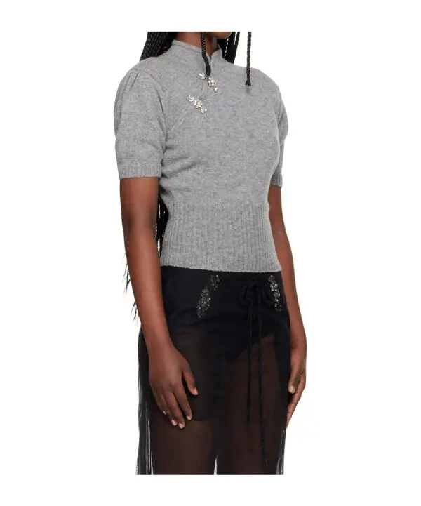 Simone Rocha Short-sleeved Cashmere Sweater With Crystal Embellishments - Gray
