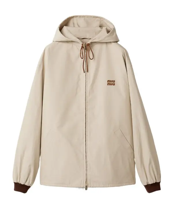 Miu Miu Zip-up Hooded Jacket With Leather Logo - Limestone