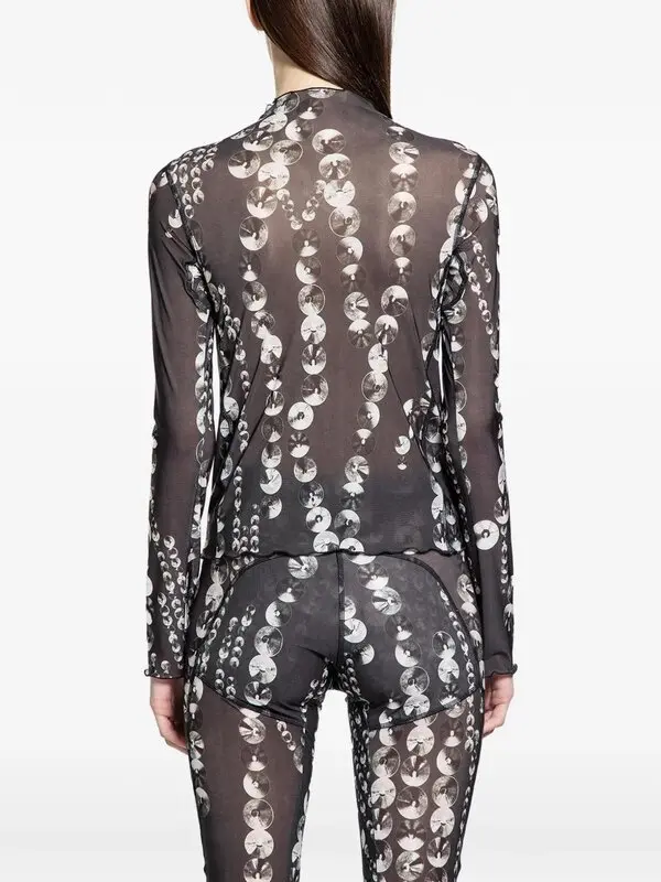 KNWLS Ruffled Illusion Print High Neck Long Sleeve Top