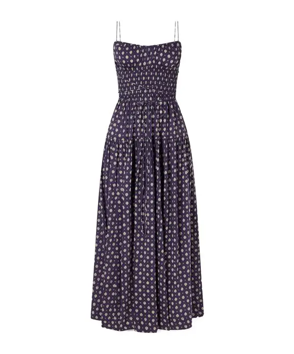DÔEN Safia Smocked Printed Cotton And Silk-blend Maxi Dress - Black