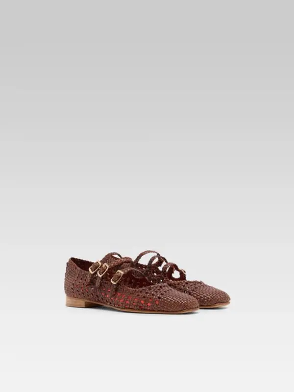 CAREL Woven Leather Ballet Flats With Triple Buckle Detail