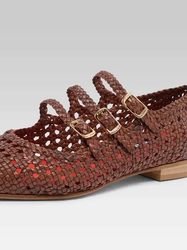 CAREL Woven Leather Ballet Flats With Triple Buckle Detail