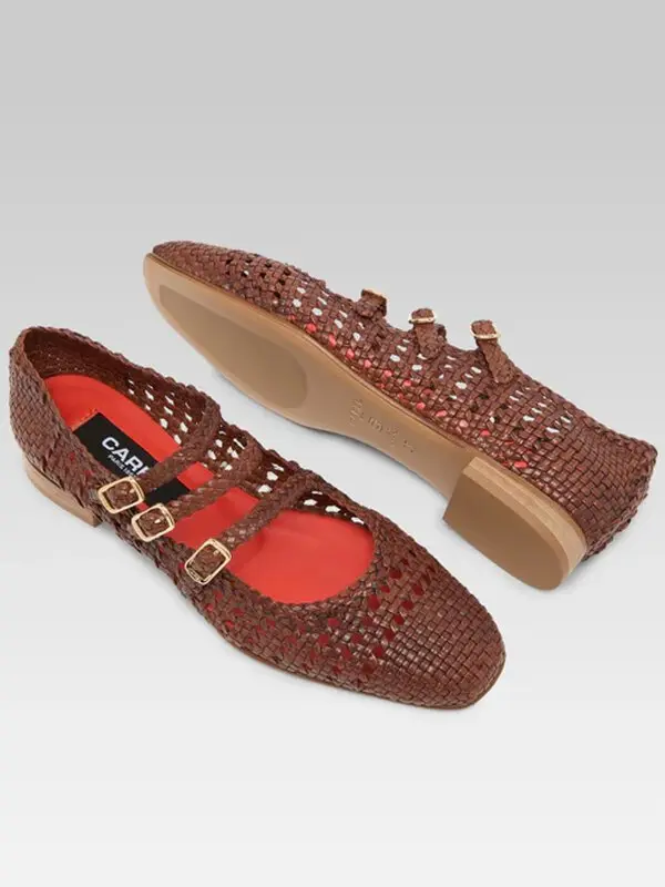 CAREL Woven Leather Ballet Flats With Triple Buckle Detail