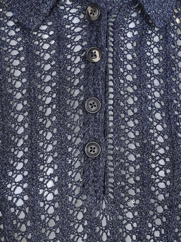 Eleventy Openwork Knit Polo Top