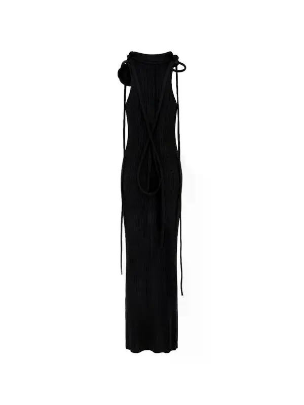 Off-White Ribbed Cut-out Dress With Floral Appliqu