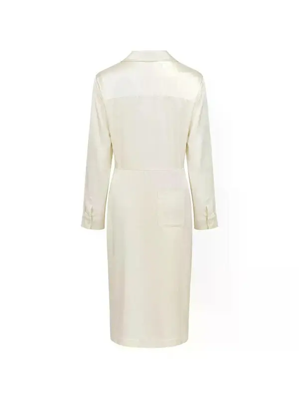 Off-White Satin Midi Dress With Notched Lapels And Wrap Design